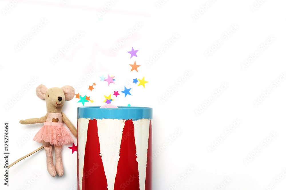 Magic Box with Confetti .Colorful stars, background mock-up. Flat lay ...