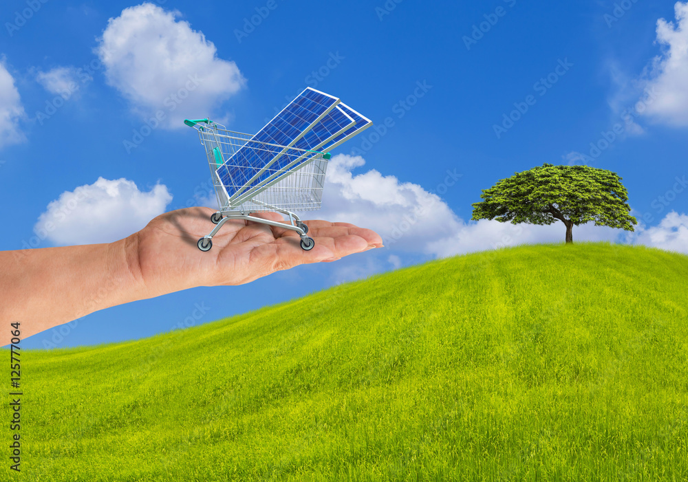 Photovoltaics solar panels in shopping trolley cart on women hand on ...