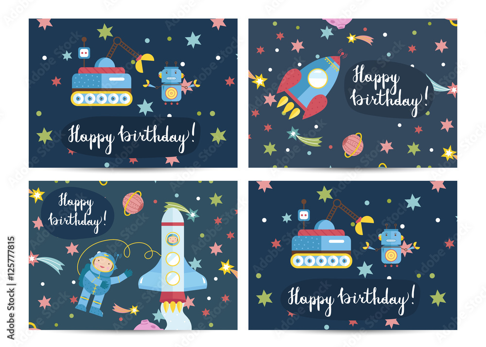 Happy birthday cartoon greeting cards on space theme. Spaceship with ...