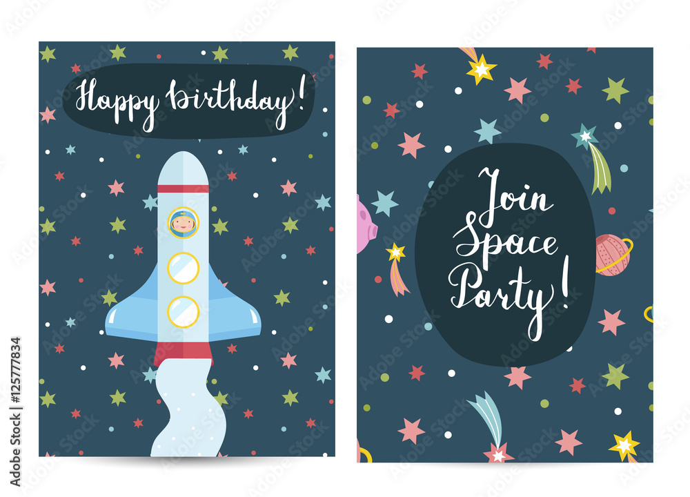 Happy birthday cartoon greeting card on space theme. Rocket with ...