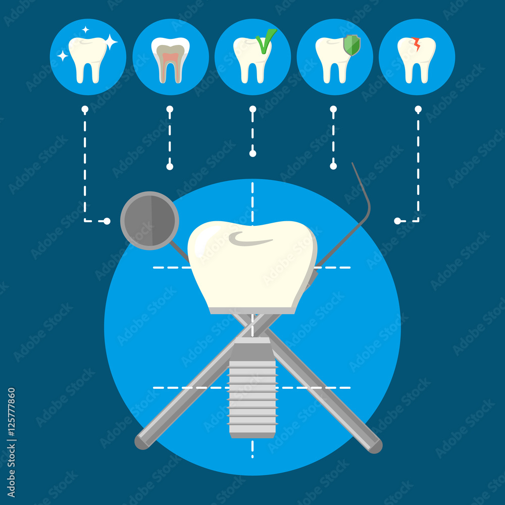 Round teeth icons and tooth implant with crosswise instruments on blue ...
