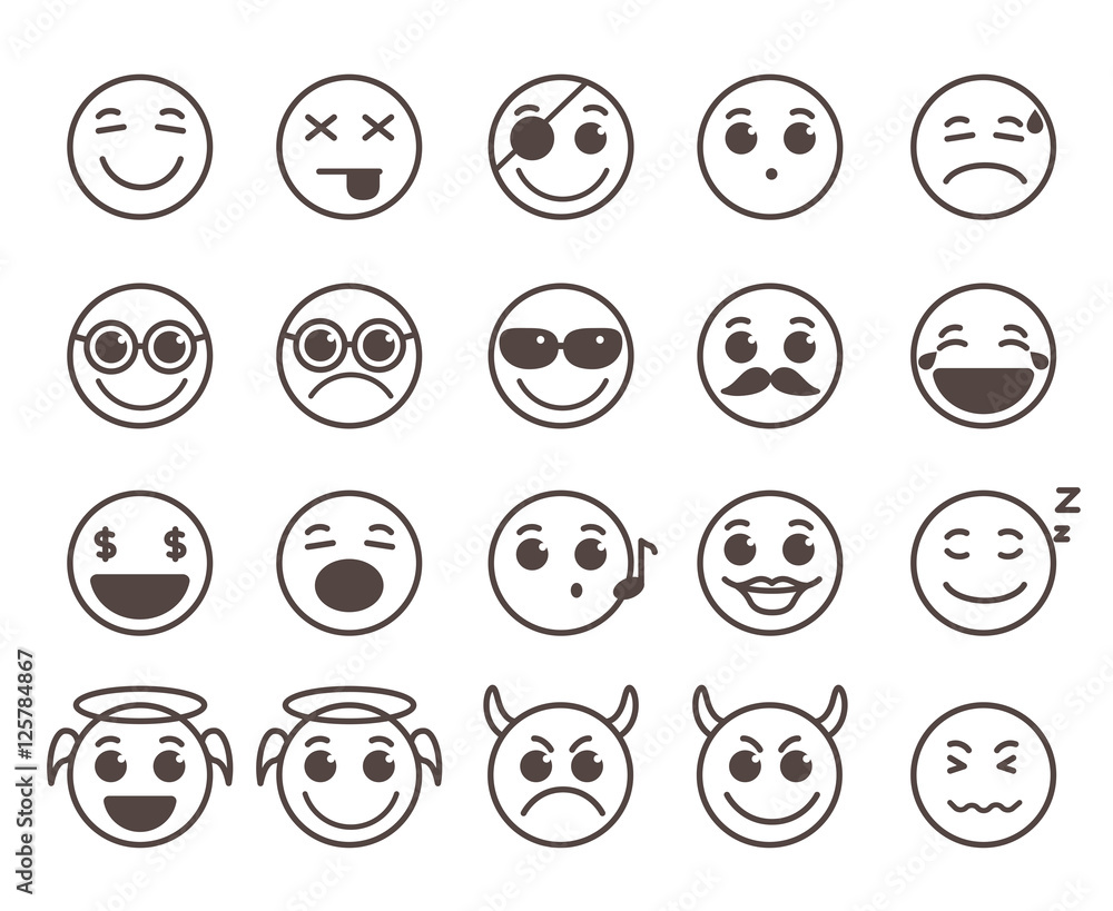 Smileys faces flat line vector icons set with funny facial expressions ...