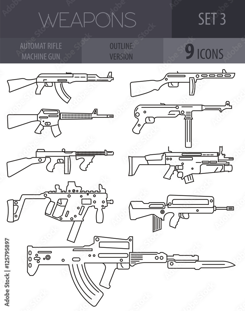 Firearm set. Automatic rifle, machine gun. Outline linear versio Stock ...