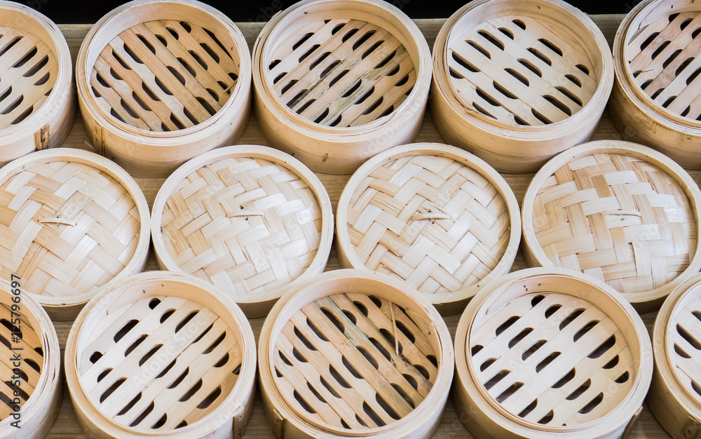 Dim Sum and Dumpling Basket made from bamboo decoration on the wall in ...