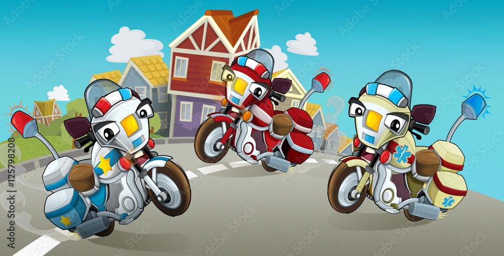 Cartoon stage with different emergency vehicles - police - fire fighter ...