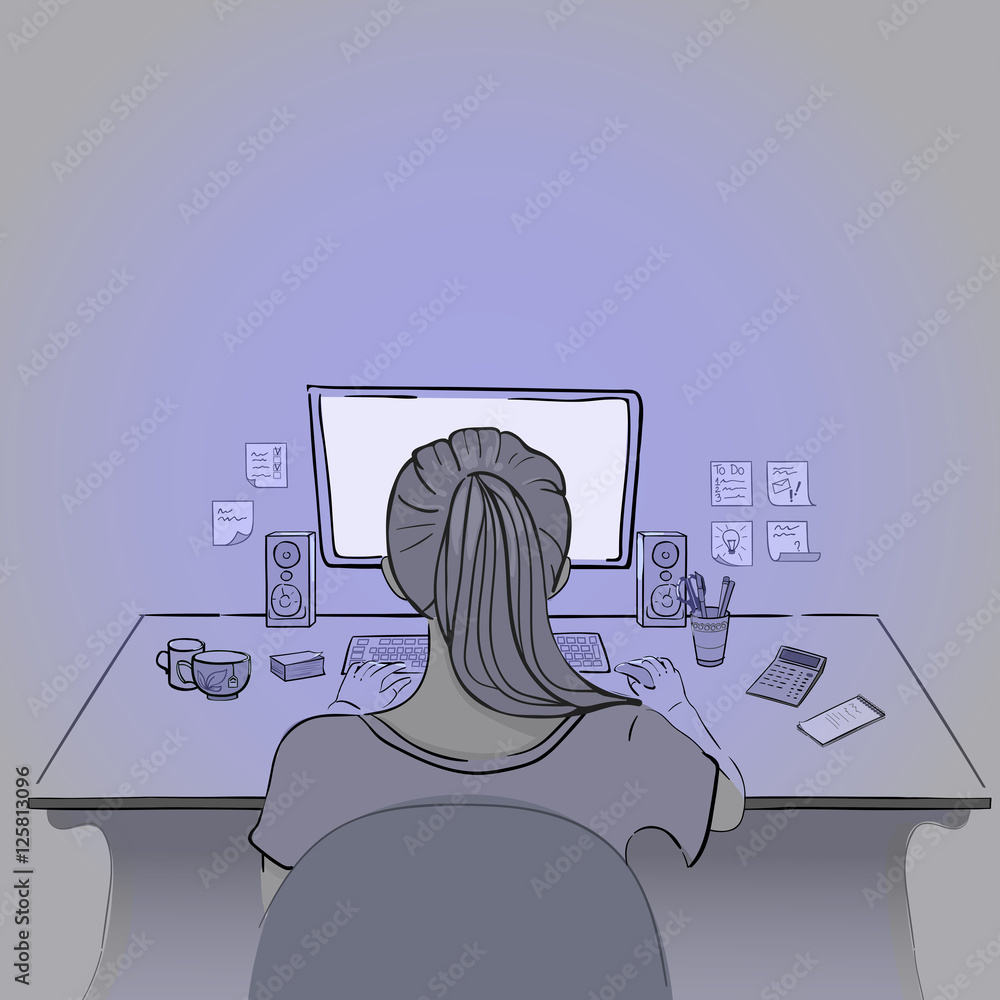 Woman sits and works on computer in sketch style, hand-drawn work place ...