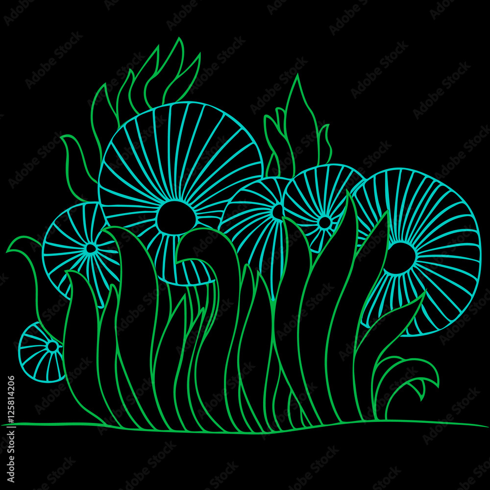 Hand-drawn image of fiction plants. Bright outline on black background ...