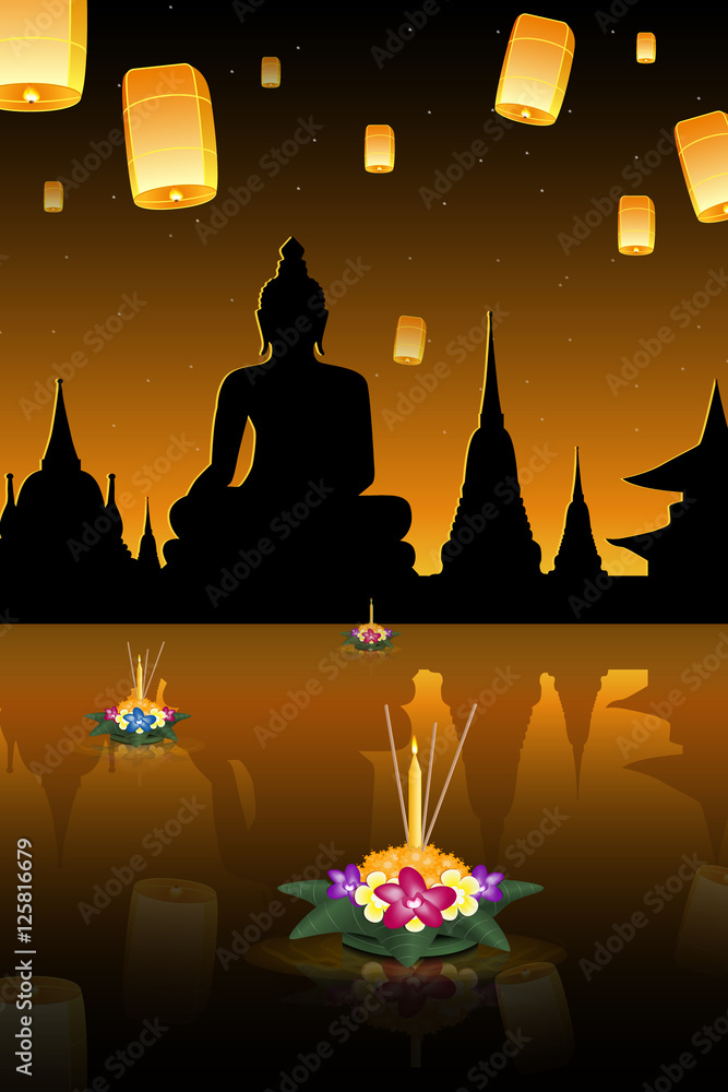 Loy Krathong 2016 greeting card and invitation. Yi Peng Festival ...