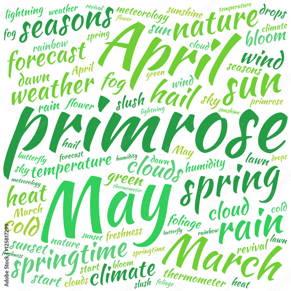 Primrose word cloud in green tones on white background. Seasons concept ...