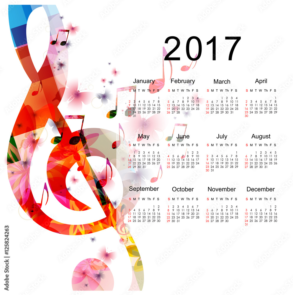 Calendar planner 2017 design template with colorful music notes. Music ...