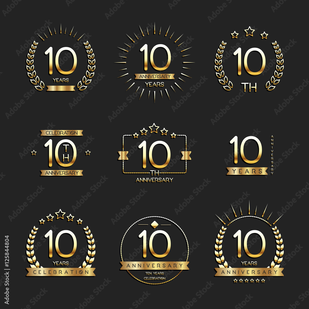 Ten years anniversary celebration logotype. 10th anniversary gold logo ...