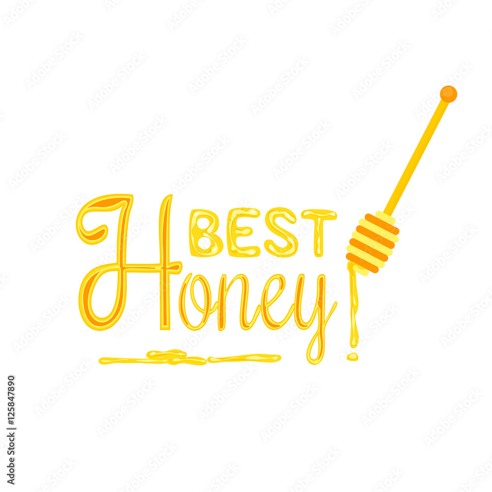 Honey falling from wooden dipper isolated on white background. Cartoon ...