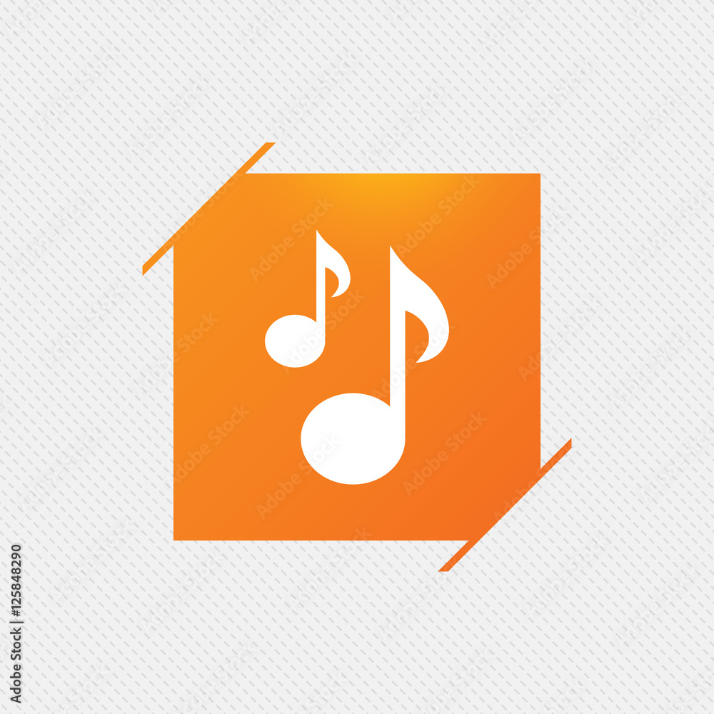 Music notes sign icon. Musical symbol. Orange square label on pattern ...