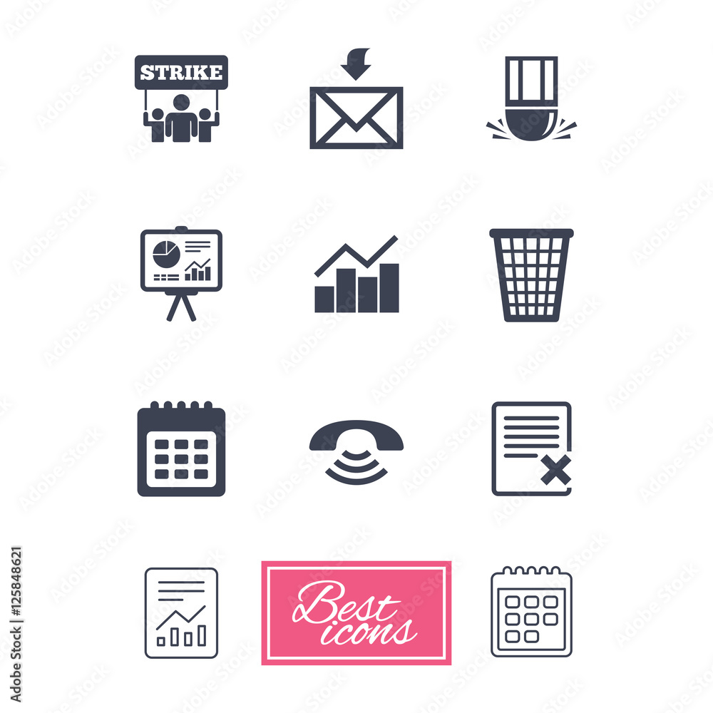 Office, documents and business icons. Call, strike and calendar signs ...