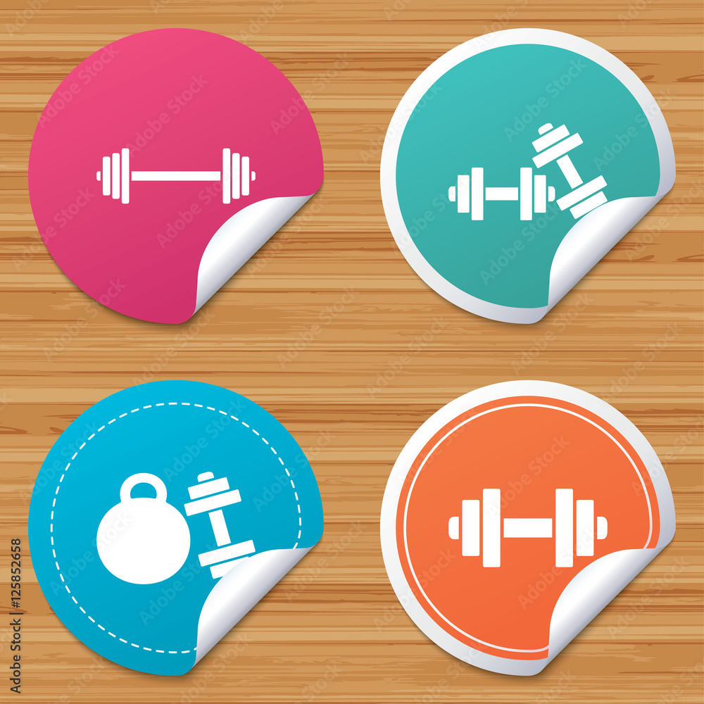 Round stickers or website banners. Dumbbells sign icons. Fitness sport ...