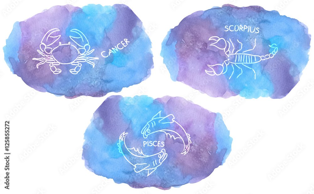 Zodiac Signs triplicity elements of Water on watercolor background ...