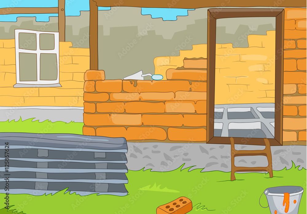 Cartoon background of rural house construction. Stock Illustration ...