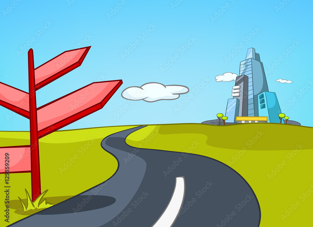 Cartoon background of road leading to city. Stock Illustration | Adobe ...