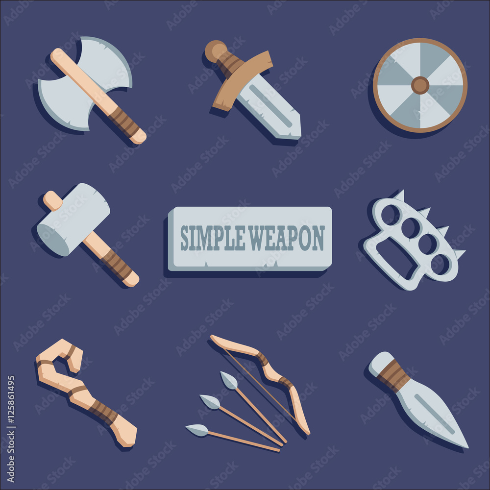 Cartoon simple metal weapon for mobile game. Weapon icons set isolated ...