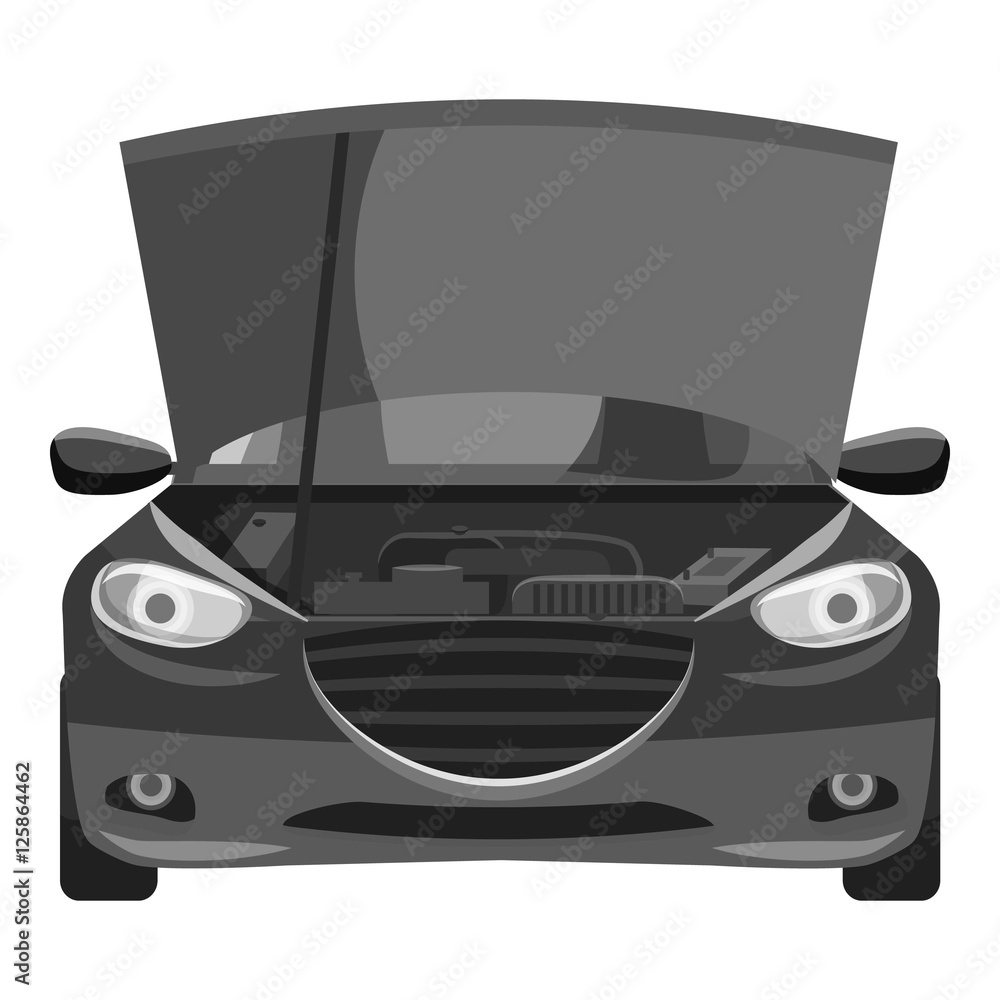Car with open hood icon. Gray monochrome illustration of car with open ...