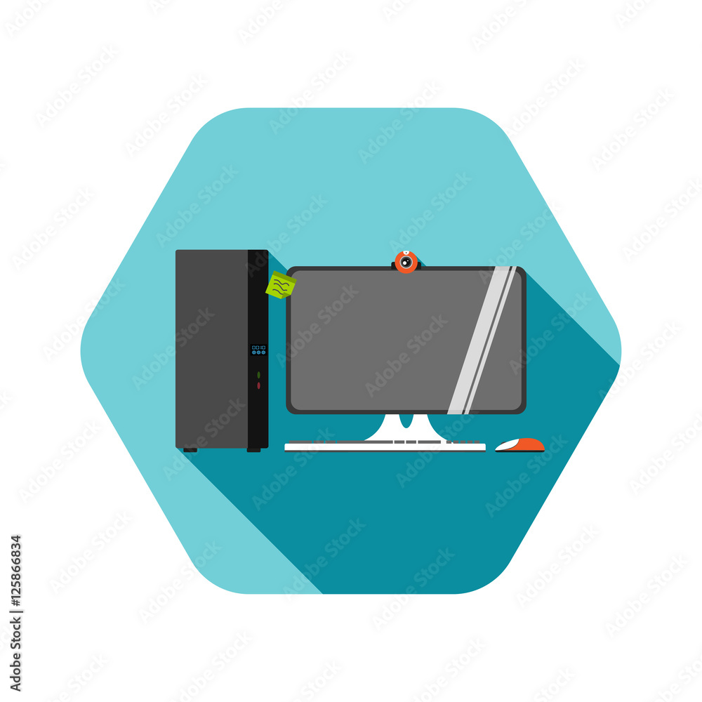 Vector hexagon icon of desktop computer with keyboard, webcam, mouse on ...