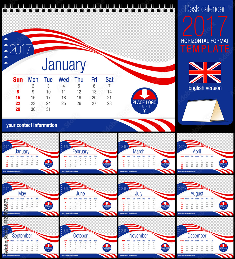 Desk triangle USA flag calendar 2017 template. Size: 210mm x 150mm ...