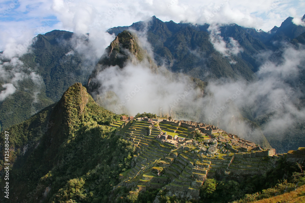 Poster Inca citadel Machu Picchu with morning fog, Peru – Wall Art ...