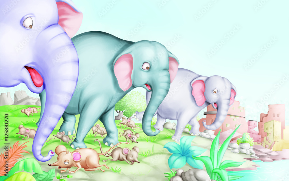 The elephant and the mice story (2+3) Stock Illustration | Adobe Stock