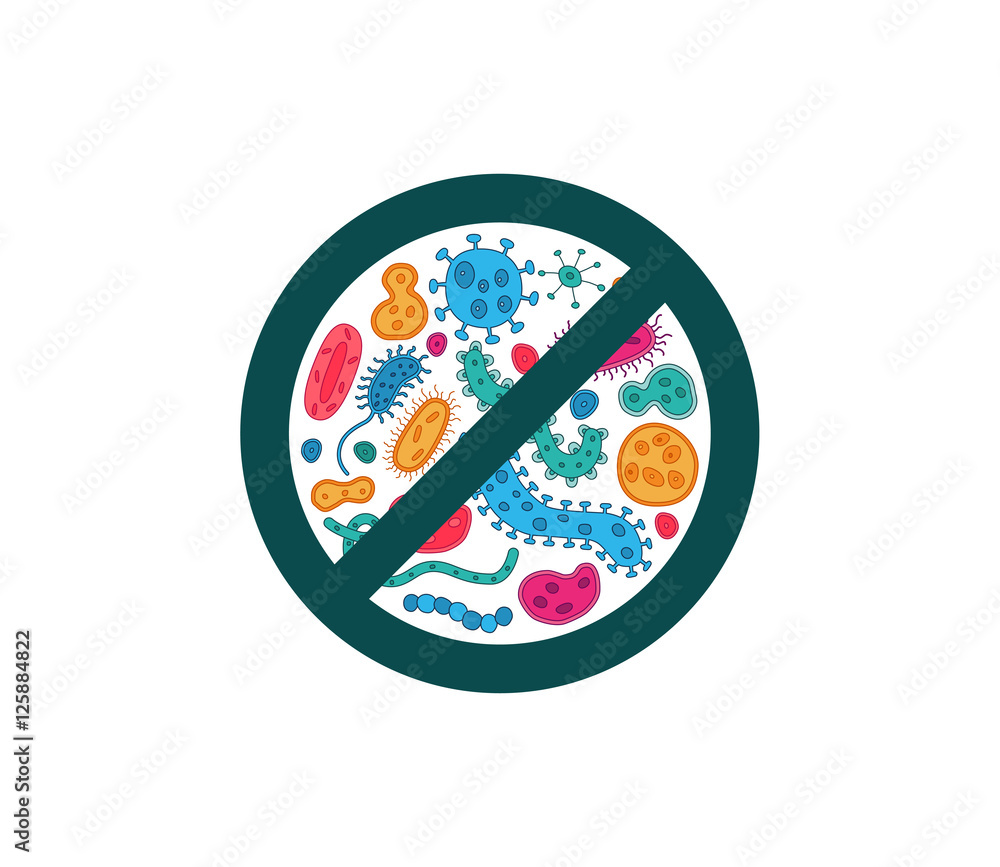 Antibacterial sign with colorful bacteria illustrations. Isolated ...