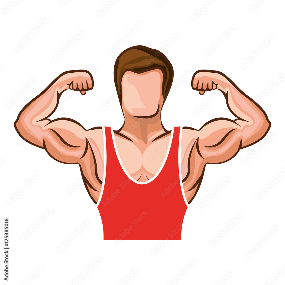 cartoon Man bodybuilding muscles over white background. isolated flat ...