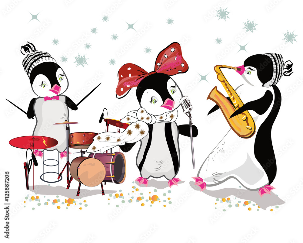 Series of cute penguins playing musical instruments. Christmas card ...