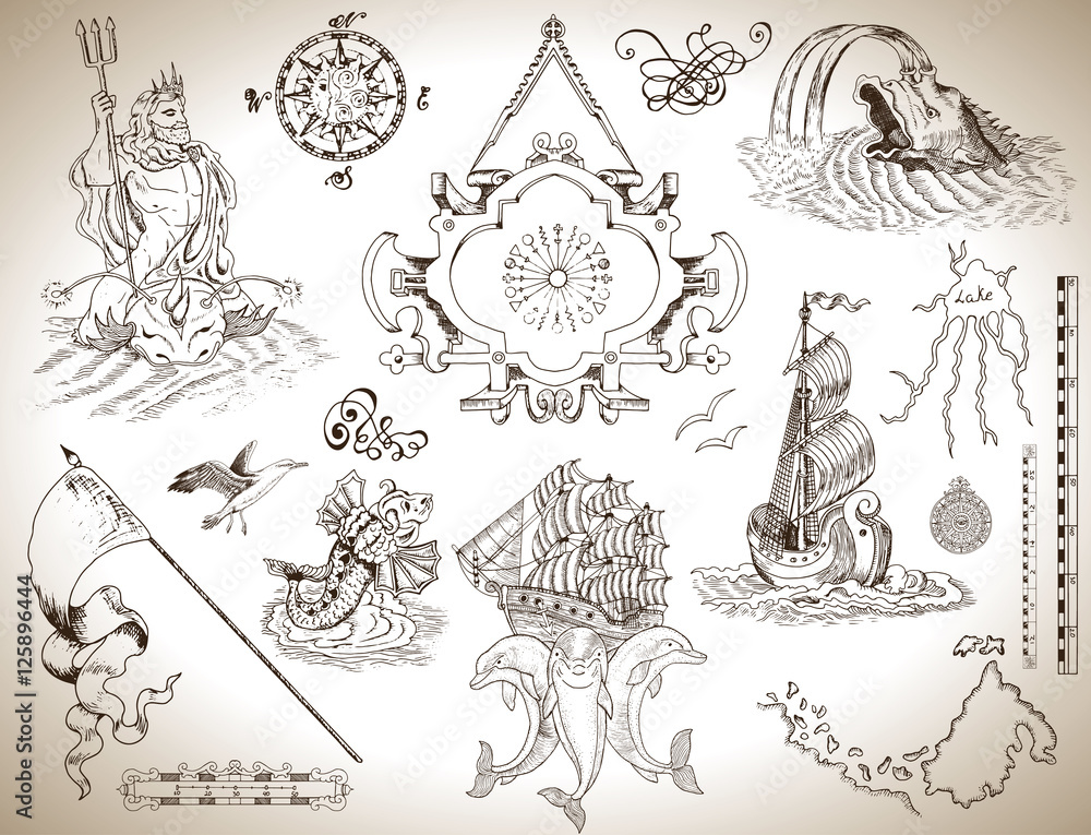 Set of vintage drawings with banner, old ship and sea symbols for maps ...
