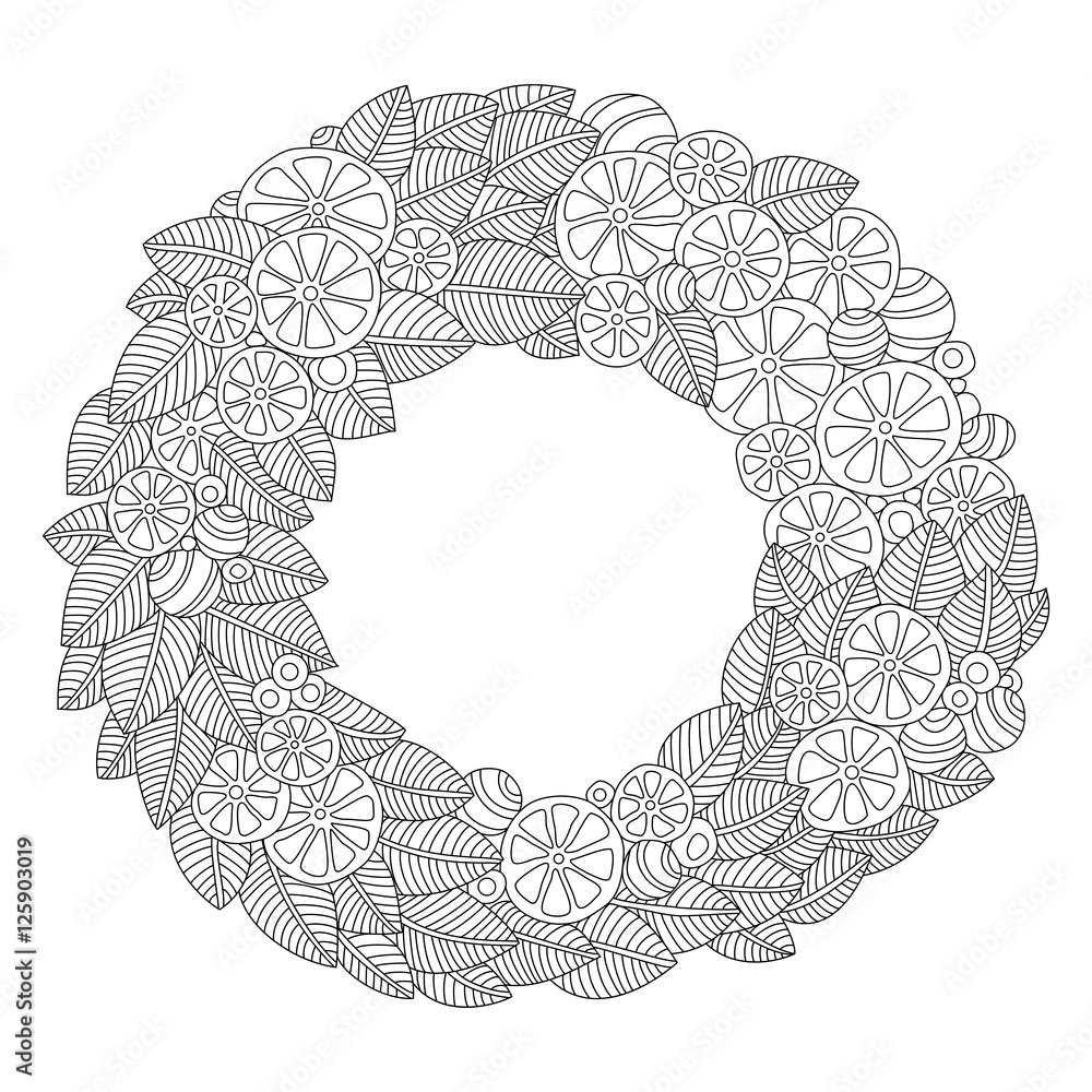 Leaves and orange slices Christmas wreath adult coloring page in ...