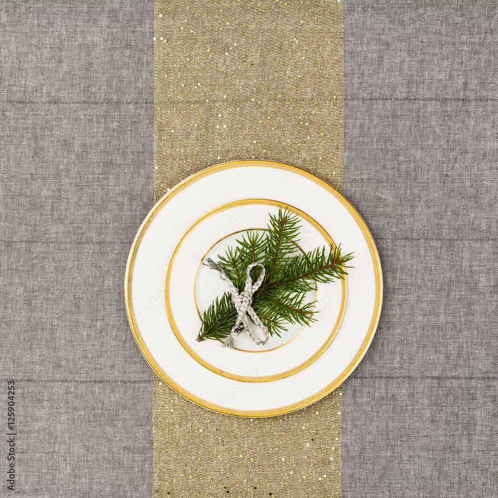 Christmas table top view. Linen tablecloth texture background. Stock ...