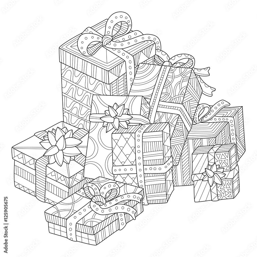 Christmas presents adult coloring page for adults in zentangle style ...