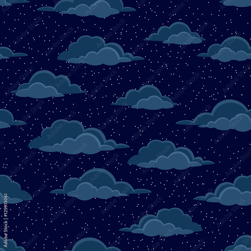 Cloudscape Seamless Background, Cumulus Clouds and White Stars on Dark ...