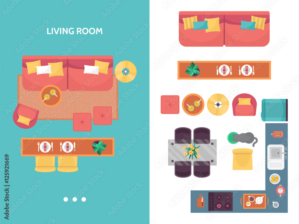 Living room and kitchen floor plan top view. Furniture set for i Stock ...