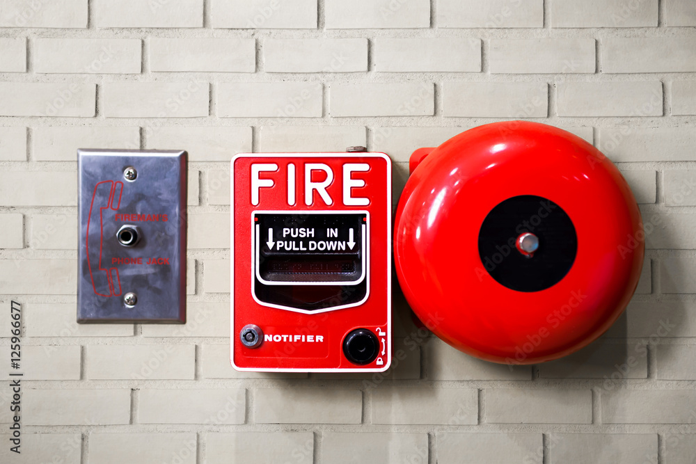 Fire alarm switch on brick wall texture background.. Stock Photo ...