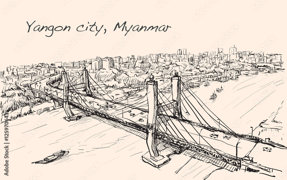 sketch cityscape of Yangon, Myanmar show topview Maha Bandual br Stock ...