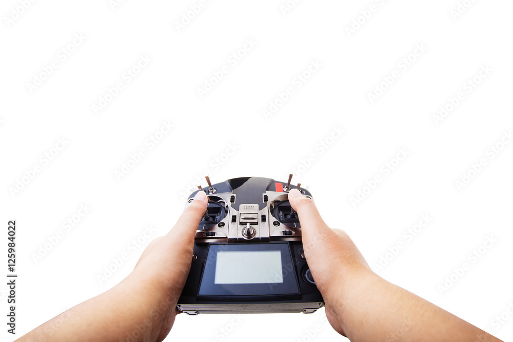 Remote control in hand man. In first person point of view isolated on ...