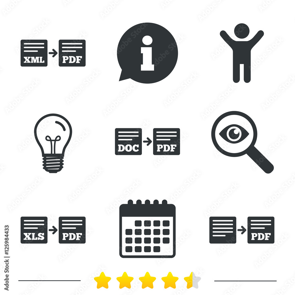 Export file icons. Convert DOC to PDF, XML to PDF symbols. XLS to PDF ...