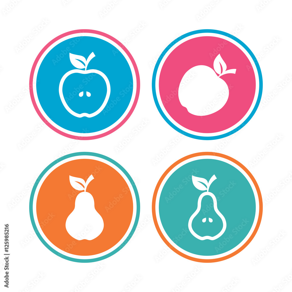 Fruits with leaf icons. Apple and Pear with seeds signs. Natural food ...