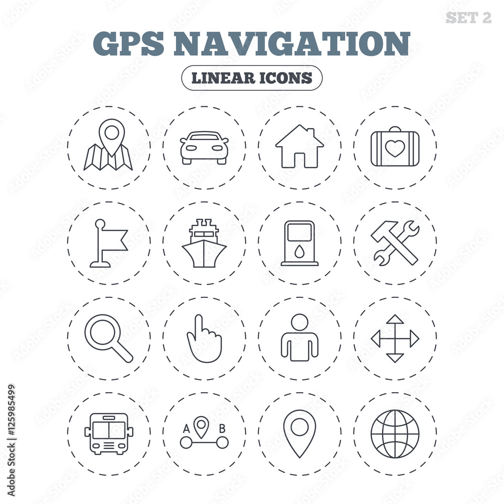GPS navigation icons. Car, Bus and Ship transport. You are here, map ...