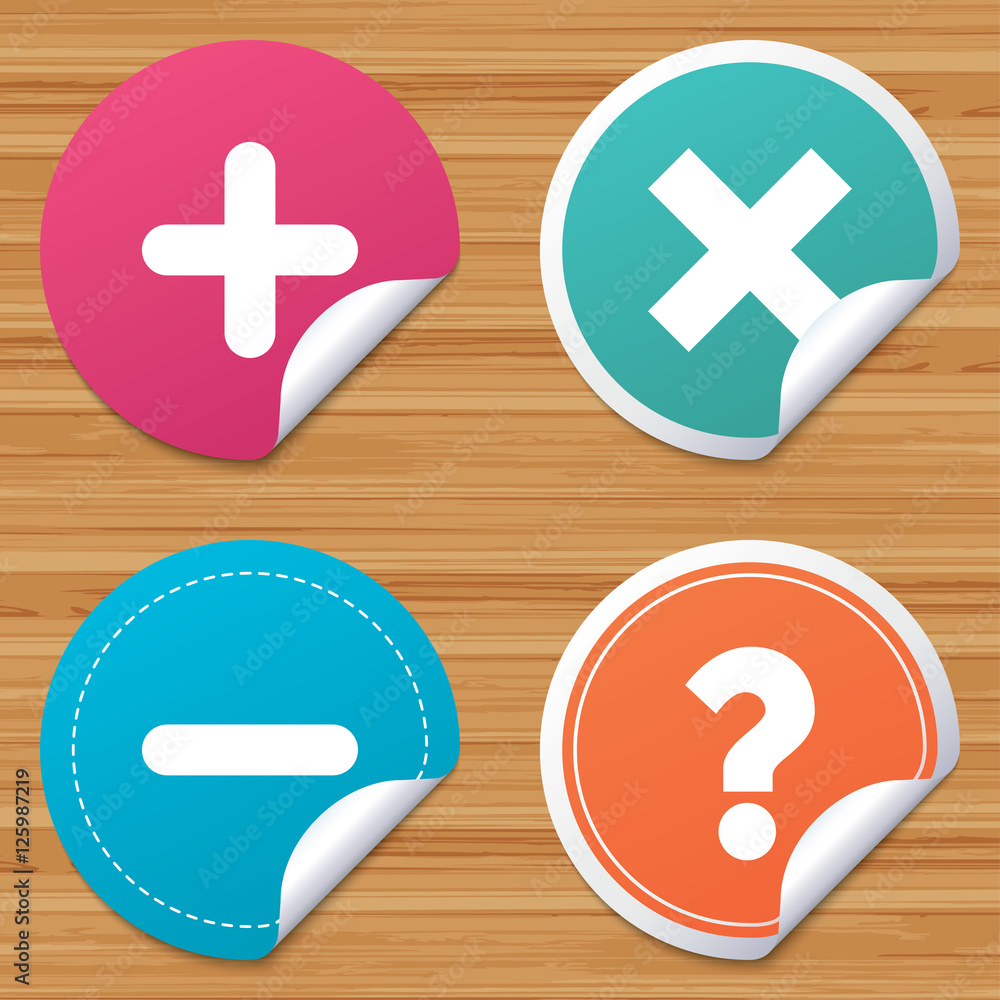 Round stickers or website banners. Plus and minus icons. Delete and ...