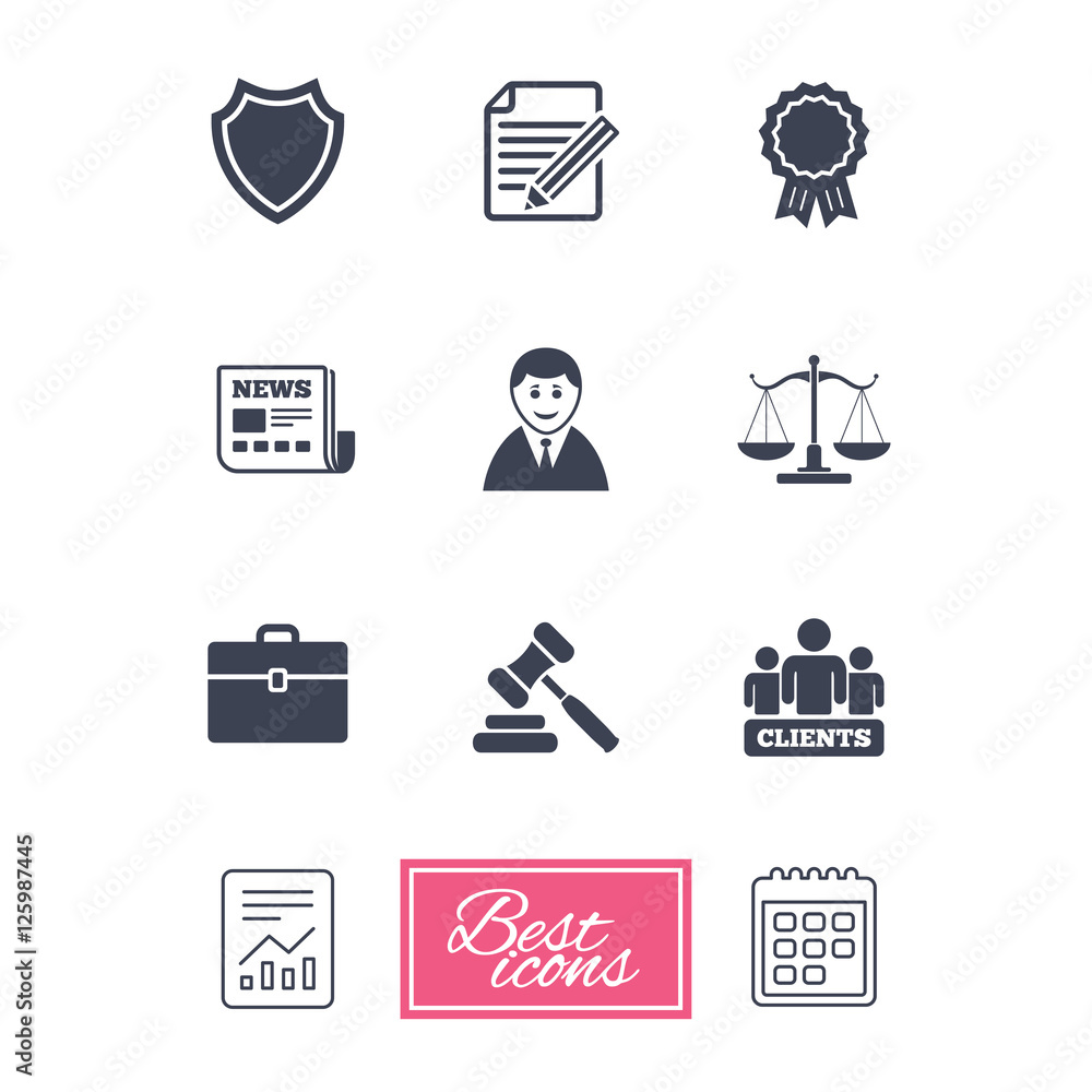 Lawyer, scales of justice icons. Clients, auction hammer and law judge ...