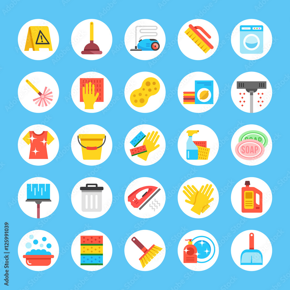 Vector cleaning icons set. Flat design round icons with household ...