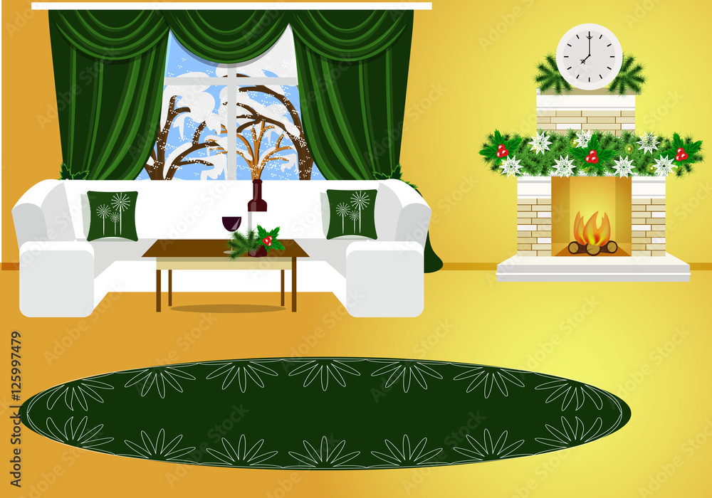 Christmas room interior. Cozy living room with fireplace vector ...