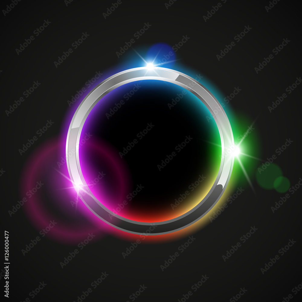 Shiny chrome metal ring with colored light effect, abstract vector ...