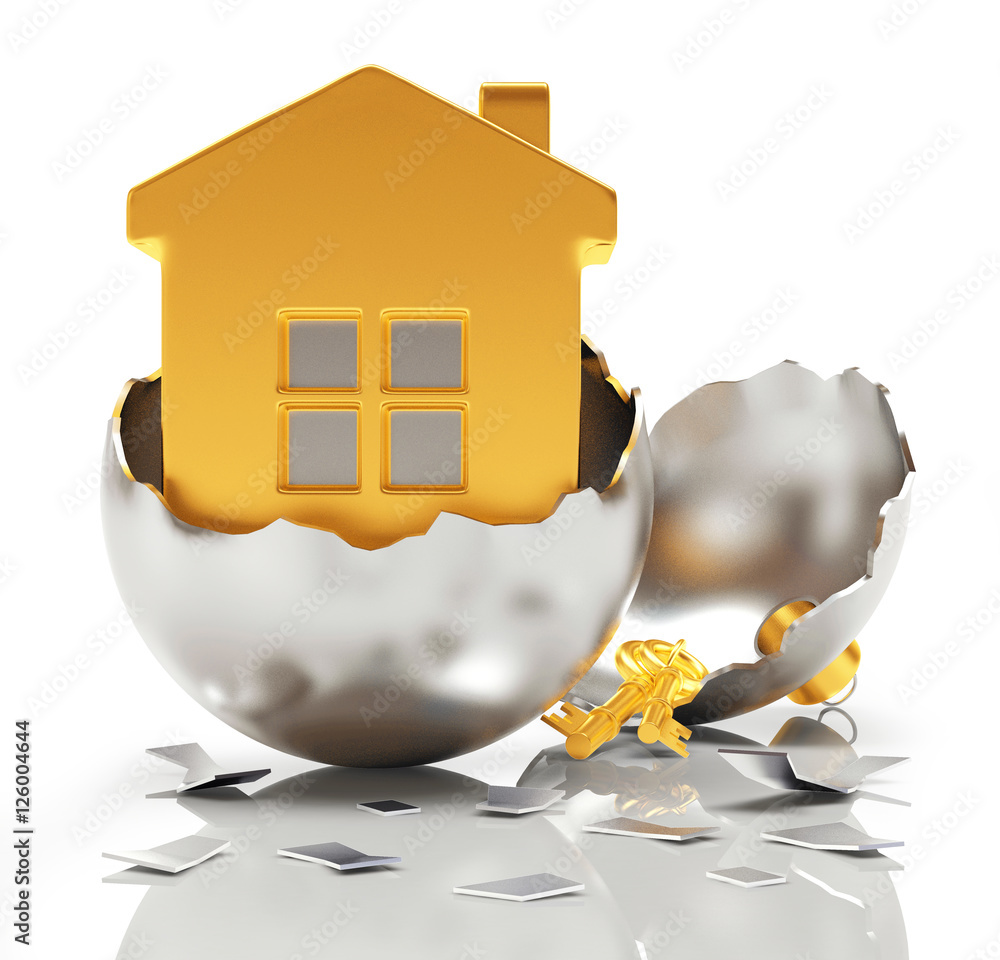Broken silver Crhristmas ball with golden house inside on white ...