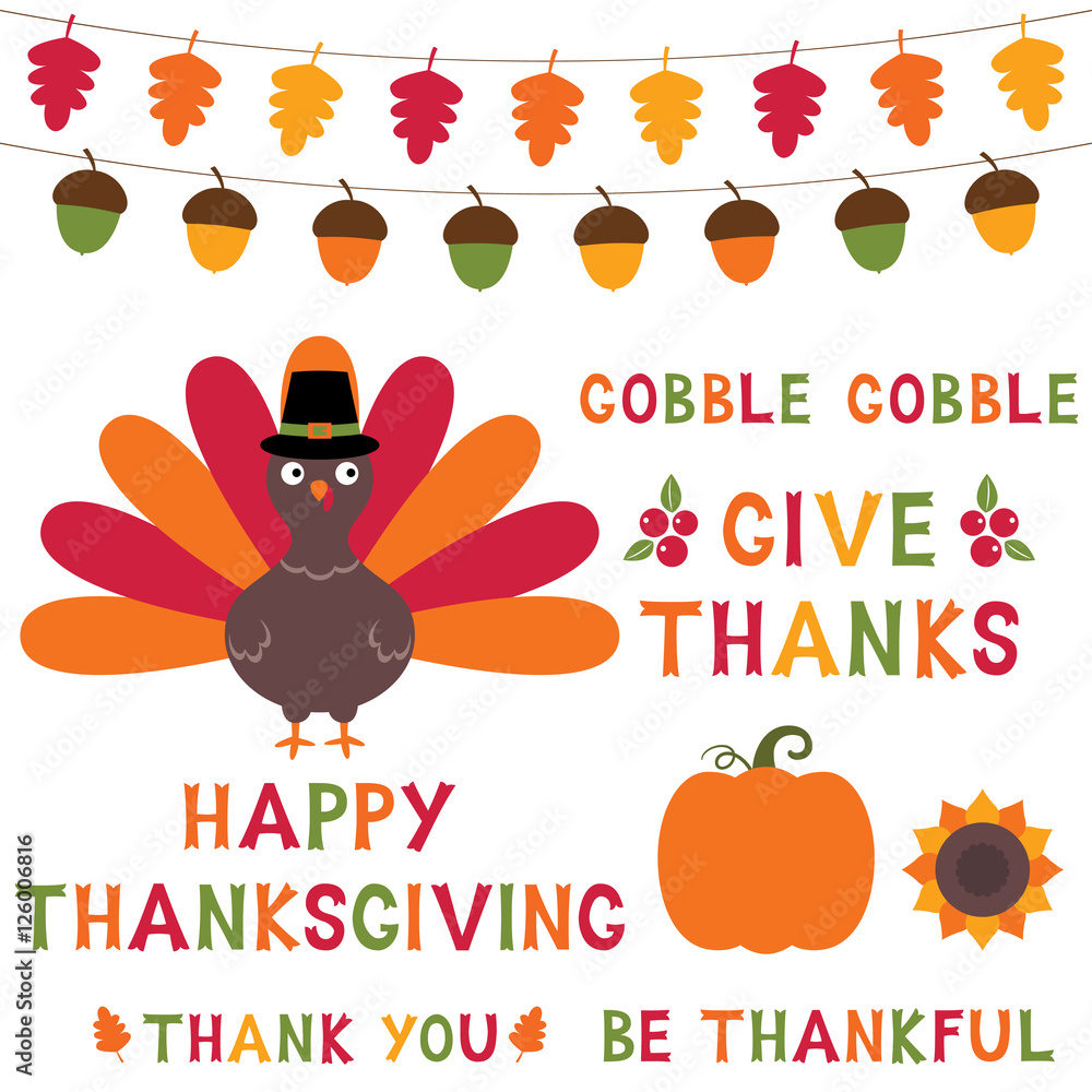 Thanksgiving design elements set, text in hand lettered font Stock ...